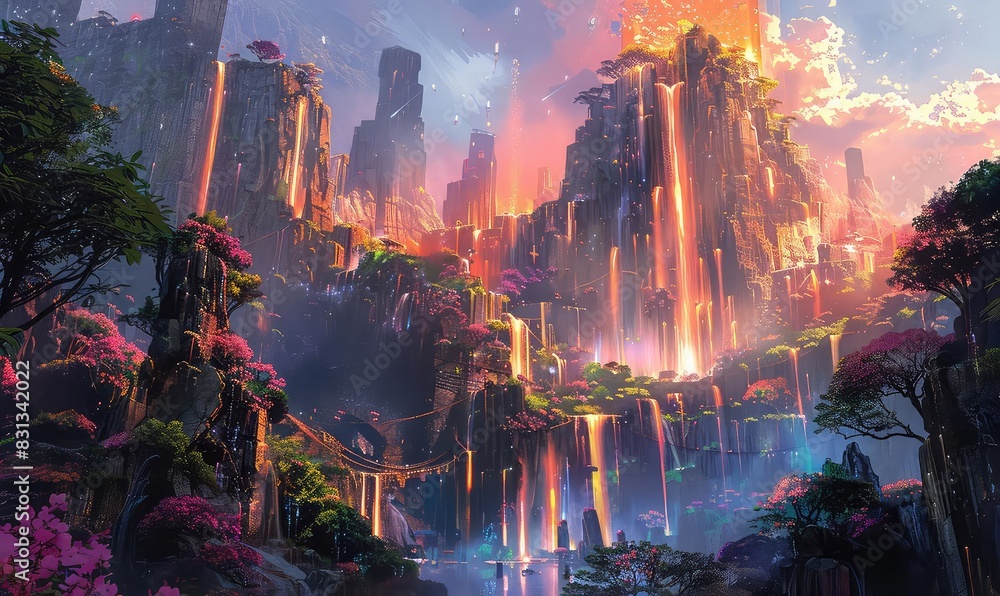 A futuristic city built around a volcano, with advanced technology ...
