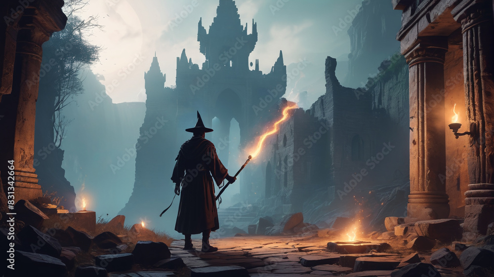 Amidst the misty ruins of an ancient citadel, a lone sorcerer conjures ...