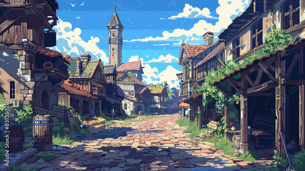 2d pixel art of medieval town, medieval town, game art, 16 bits, 32bits ...