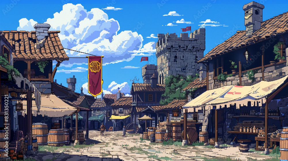 2d pixel art of medieval town, medieval town, game art, 16 bits, 32bits ...