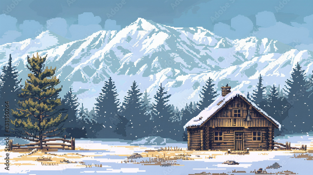 2d pixel art of wooden house on snow landscape , snow mountain as a ...