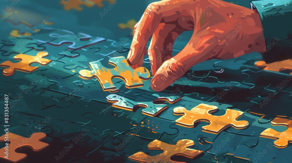 An illustration of a hand placing a puzzle piece into a nearly ...