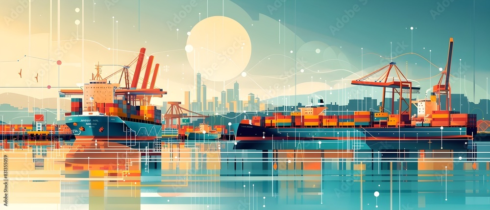 a bustling port with cargo ships, containers, and cranes, with digital ...