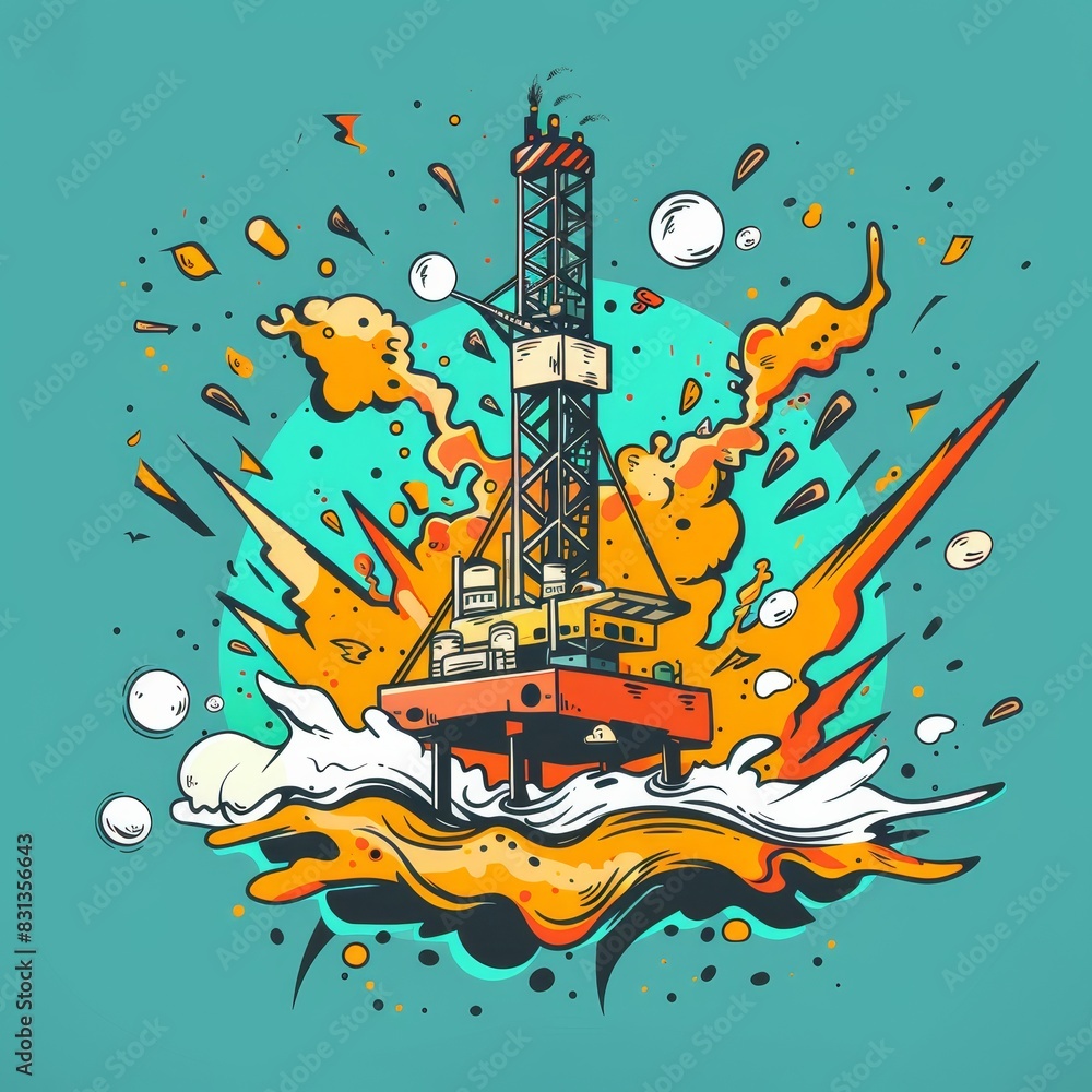 Oil rig explosion flat design top view ocean theme cartoon drawing ...