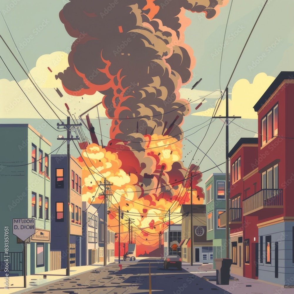 Gas explosion flat design side view residential area animation Tetradic ...
