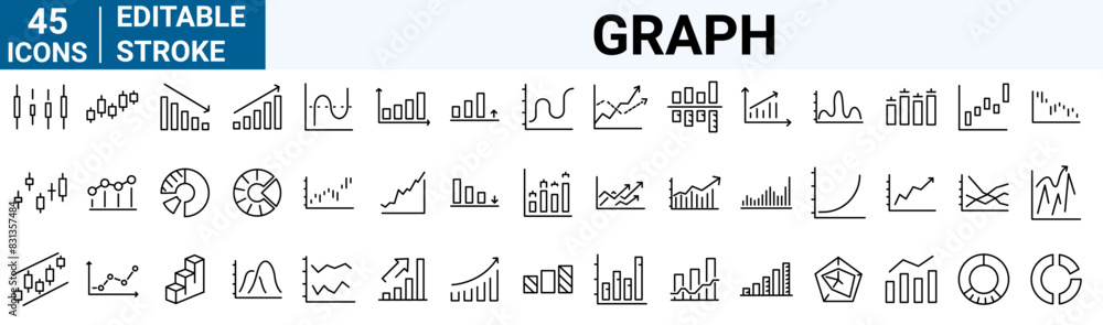 Graph and charts web line icons. data elements, bar and pie, diagrams ...