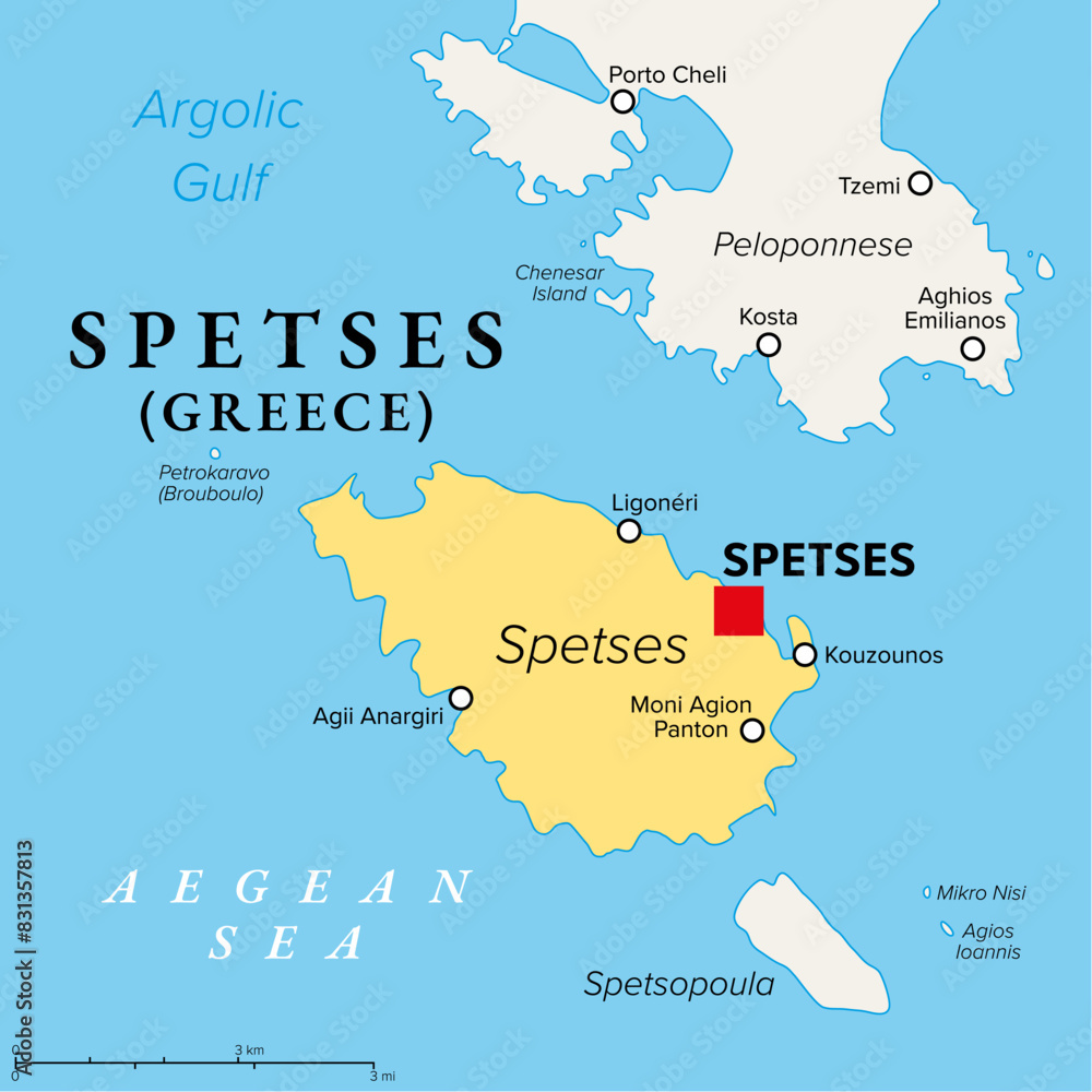 Spetses, Greek island, political map. Small island and municipality in ...