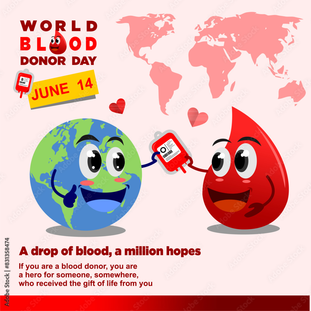 blood donation illustration concept with earth and blood character give ...