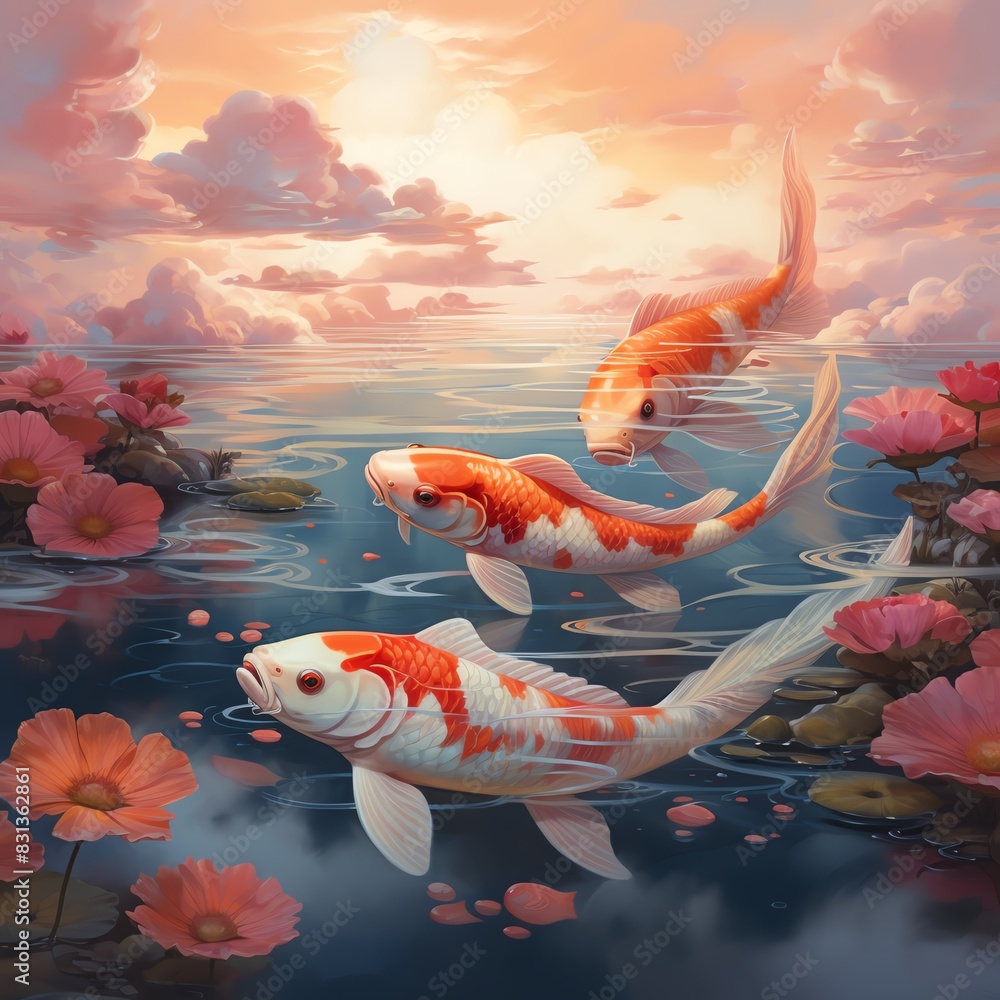 Surreal scene depicting koi fish floating amidst fluffy clouds at ...