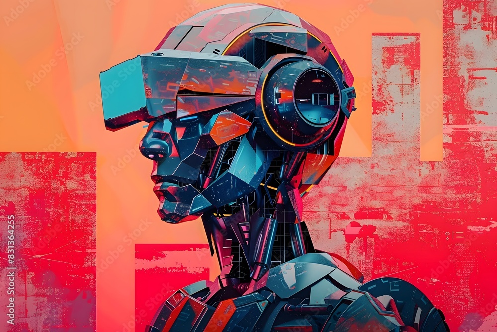 Modern art paper collage depicting a futuristic robot in a synthwave ...