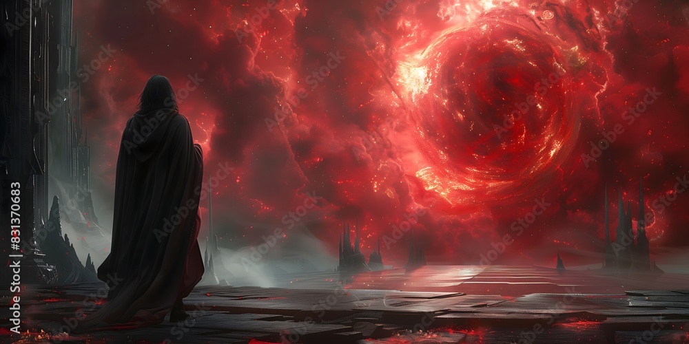 Enigmatic sorcerer standing amidst ancient ruins, channeling arcane ...