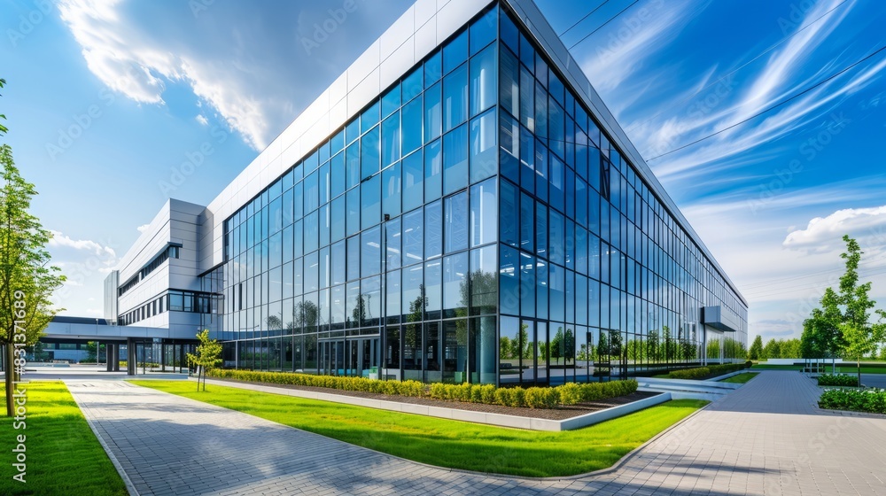 Foto de Exterior of a modern factory with sleek design, large glass ...