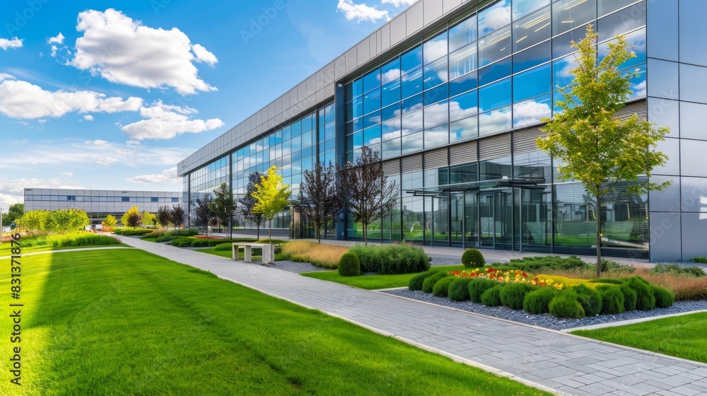 Exterior of a modern factory with sleek design, large glass facades ...