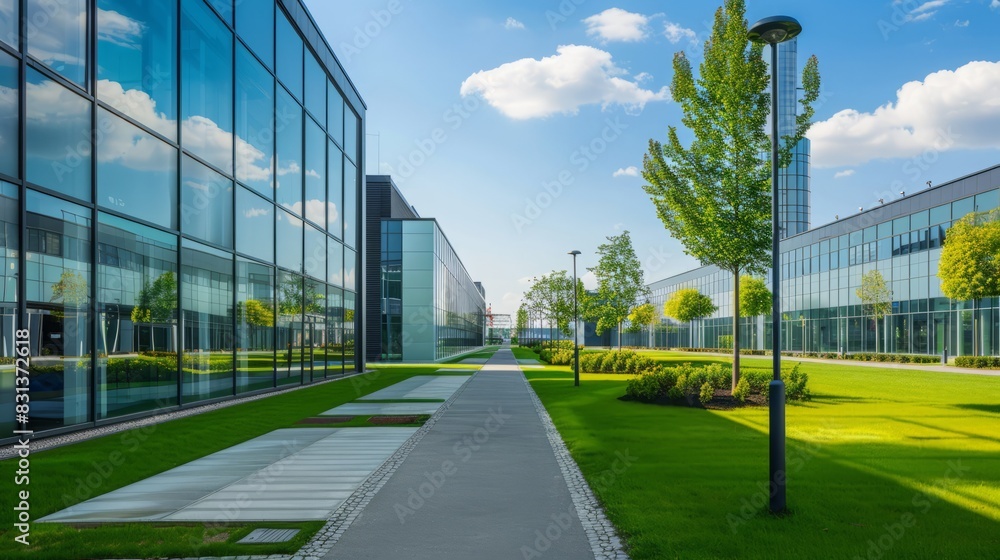 Modern factory exterior with sleek design, large glass facades ...