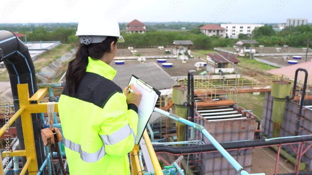 A female engineer working at a water treatment plant,drawing water into ...