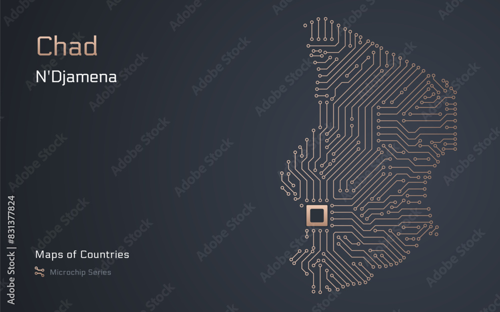 Photo Chad Map with a capital of N'Djamena Shown in a Microchip Pattern ...