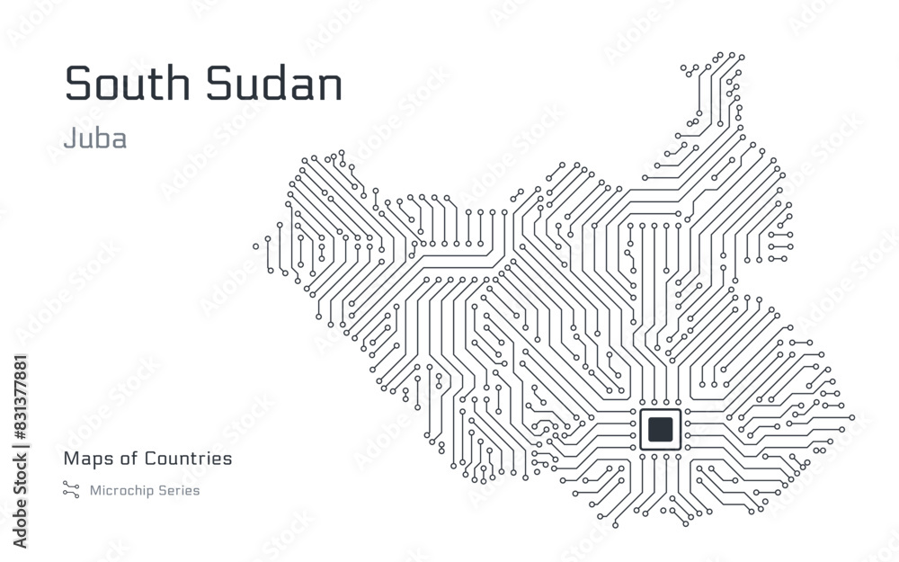South Sudan Map with a capital of Juba Shown in a Microchip Pattern with processor. E-government ...