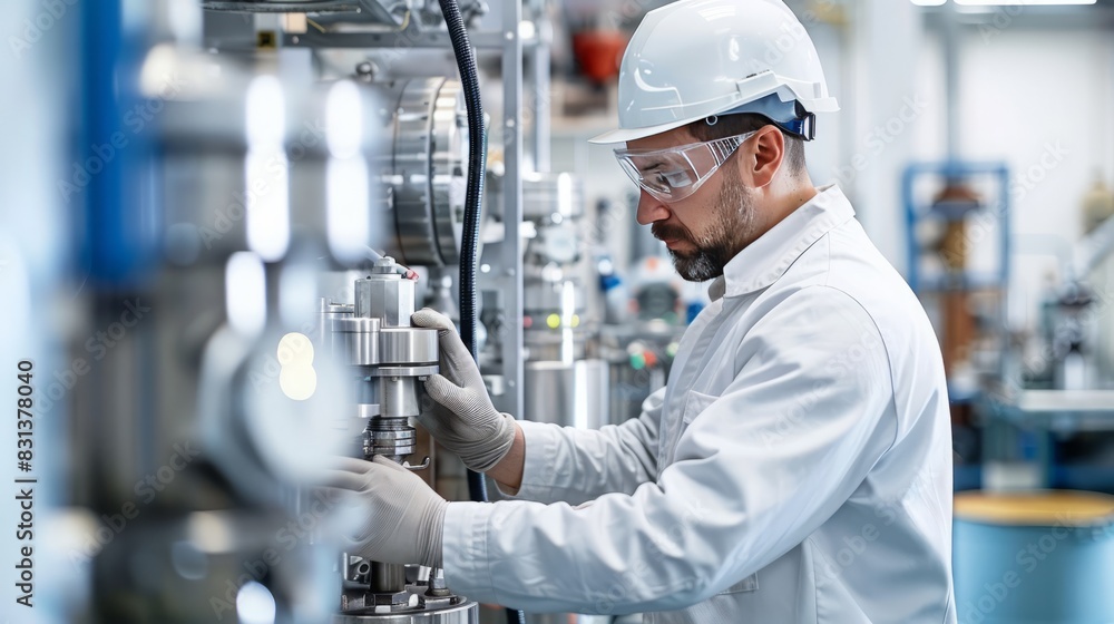 Quality testing in a factory, engineer using specialized equipment to ...