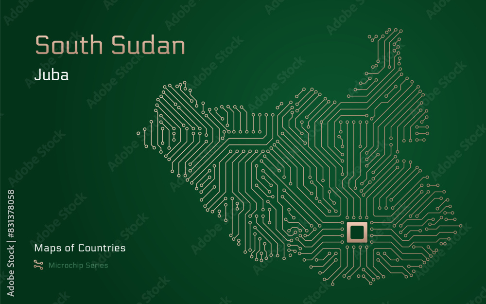South Sudan Map with a capital of Juba Shown in a Microchip Pattern ...