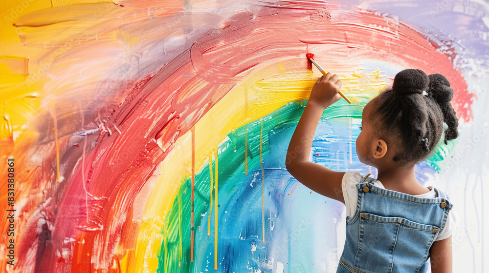 Happy african american child painting a rainbow on a wall. Young black ...