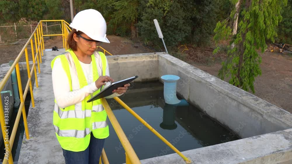 A female engineer working at a water treatment plant,drawing water into ...