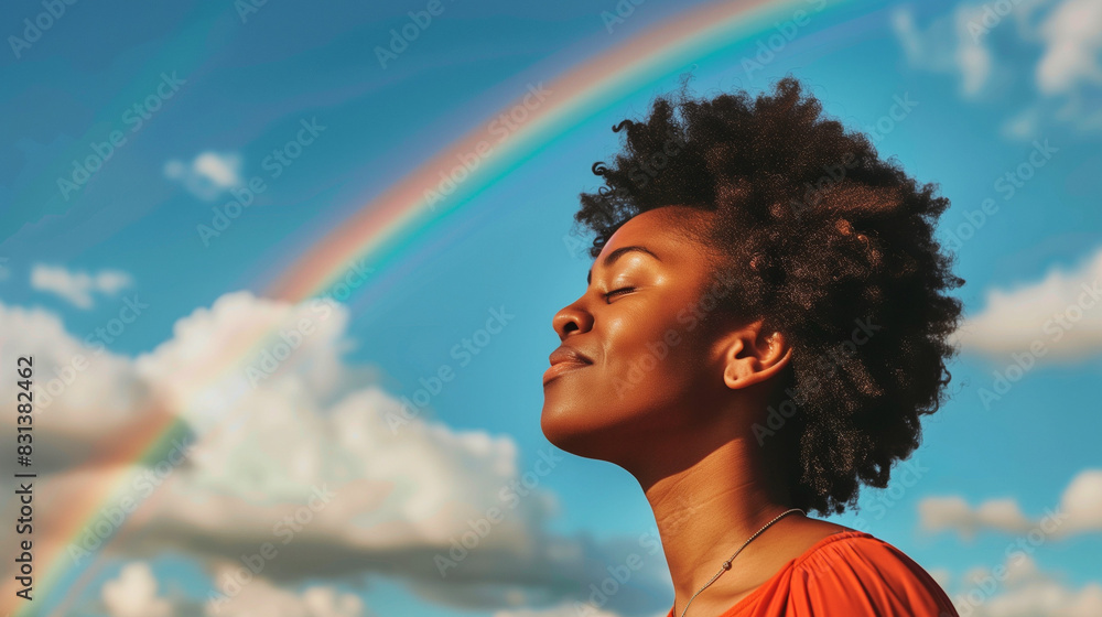 Happy young black woman breathing fresh air outdoors in nature. African ...