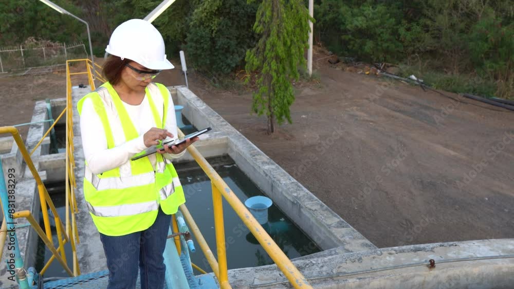 A female engineer working at a water treatment plant,drawing water into ...
