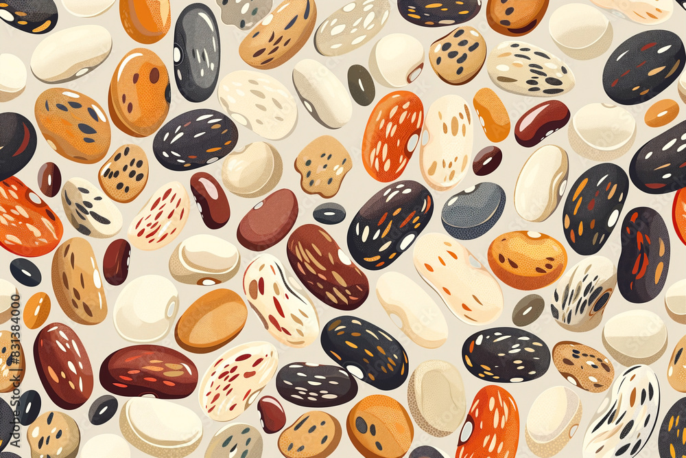 Flat art featuring various types of beans. The scene is depicted in a ...