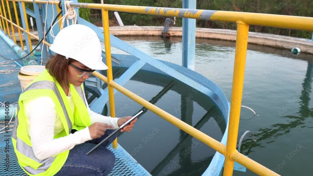 A female engineer working at a water treatment plant,drawing water into ...