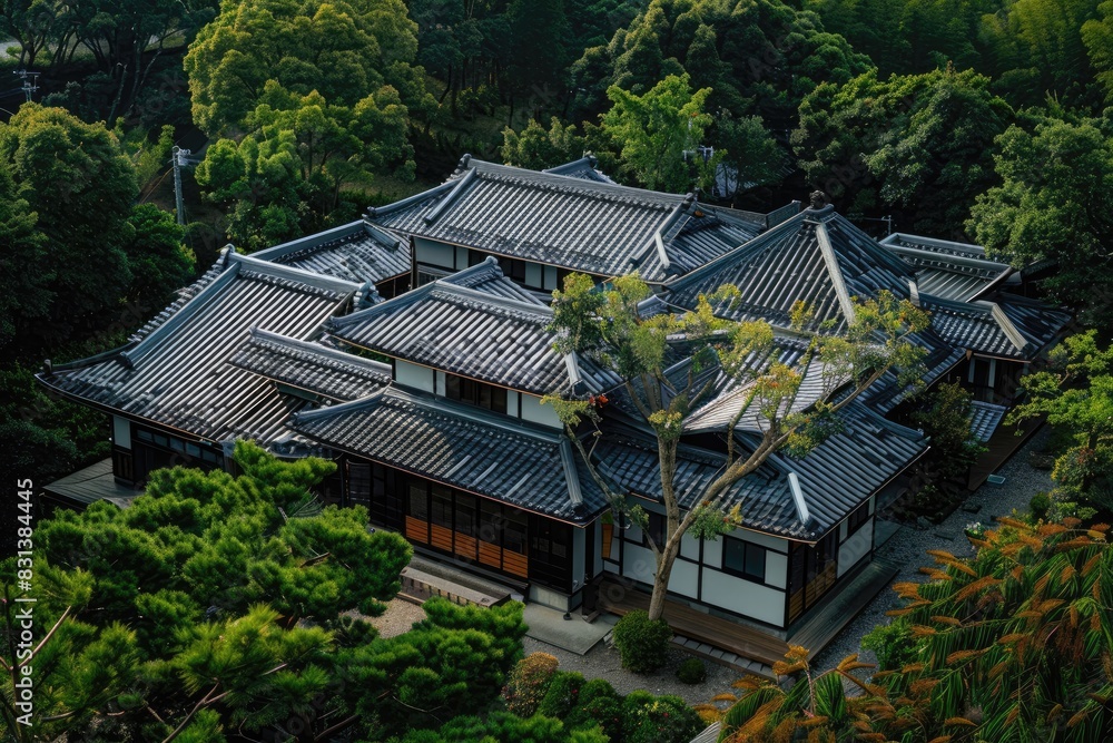 Aerial view of a traditional Japanese house with white plaster walls ...