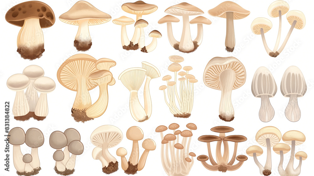 Flat art featuring various types of Japanese mushrooms. The scene is ...