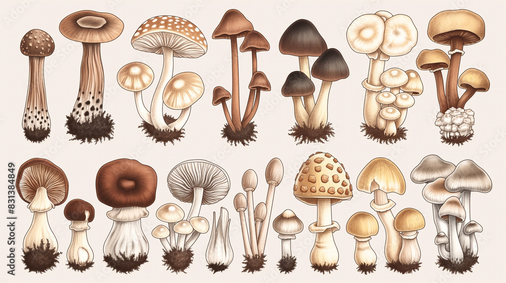 Flat art featuring various types of Japanese mushrooms. The scene is ...