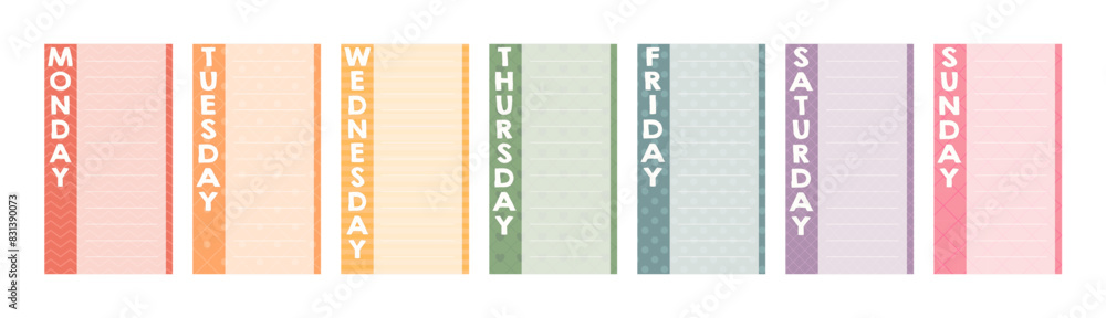 Daily planner page template set, days of the week layout vector ...