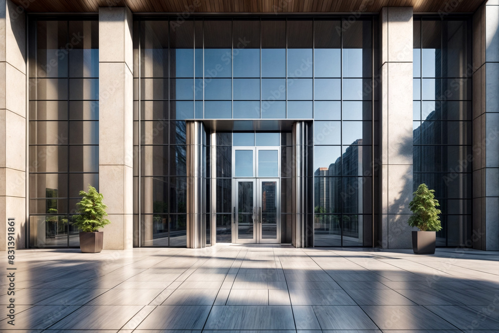 Entrance to modern office building of business city with automatic ...