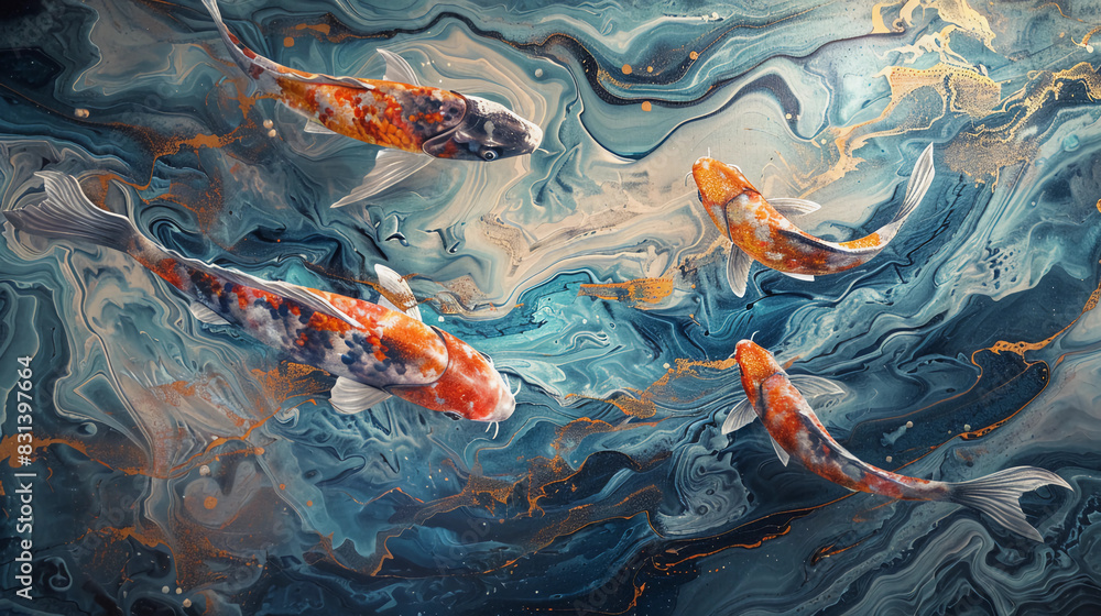 Abstract fluid expression koi fish swimming in water, Asian feng shui ...