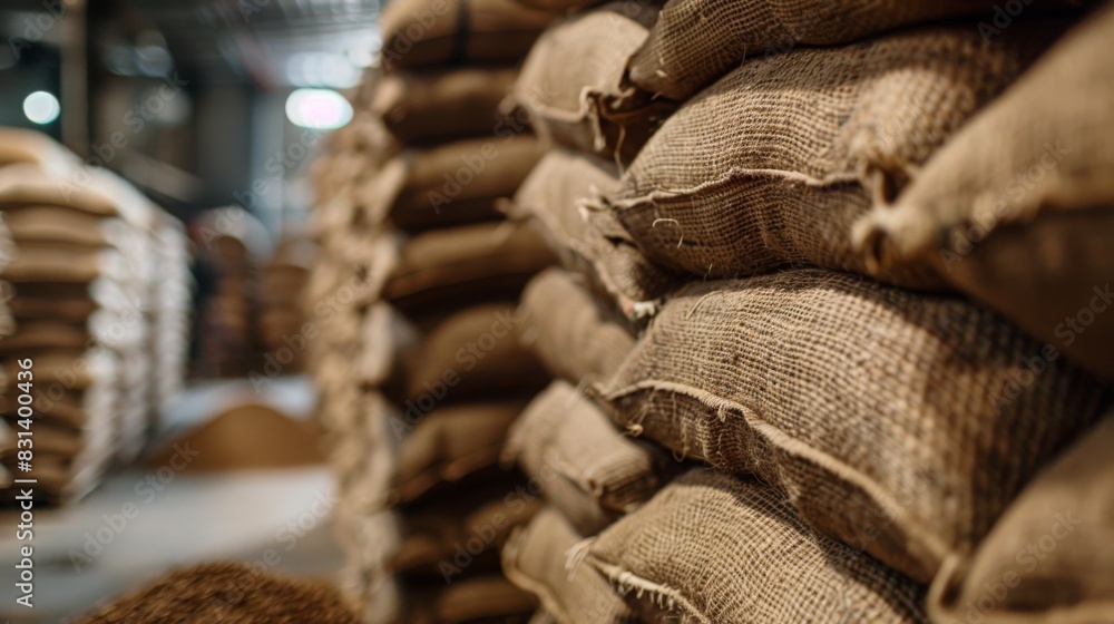 Burlap sacks are stacked neatly in a warehouse, showcasing an ...