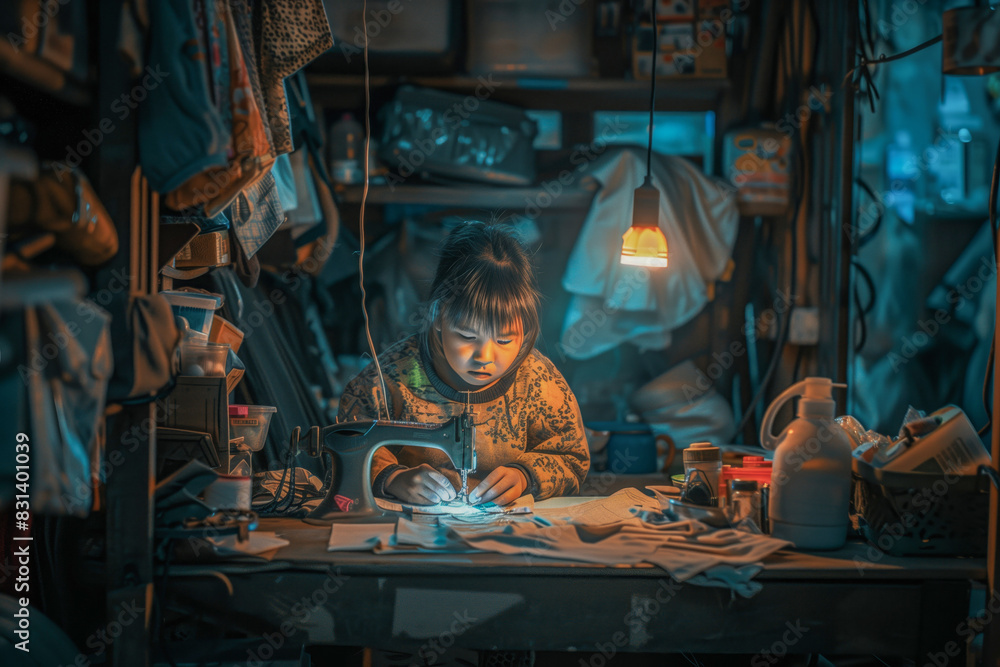 Child labor concept with an underage girl, working in a cluttered ...
