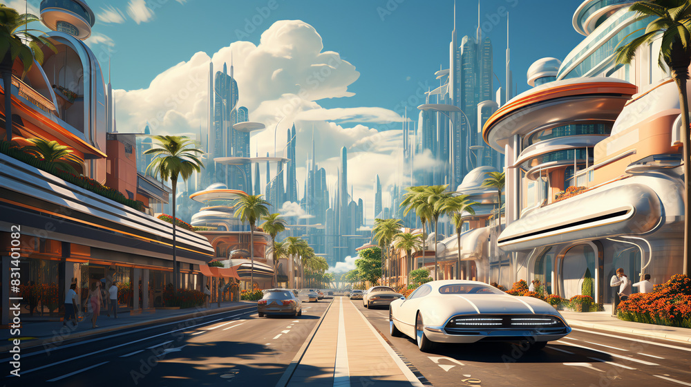 a wide street in a futuristic city. There are tall buildings on both ...