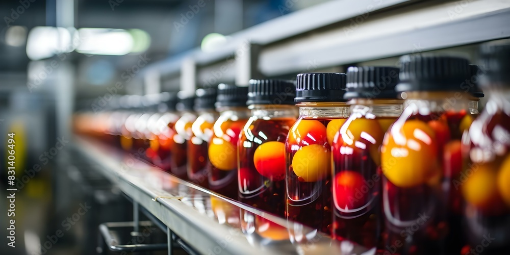 Fruit juice bottles being produced on a conveyor belt in a beverage ...