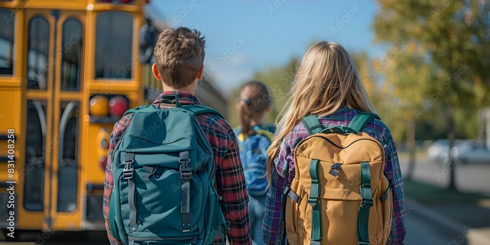 Students with backpacks boarding a school bus. Concept School, Students ...