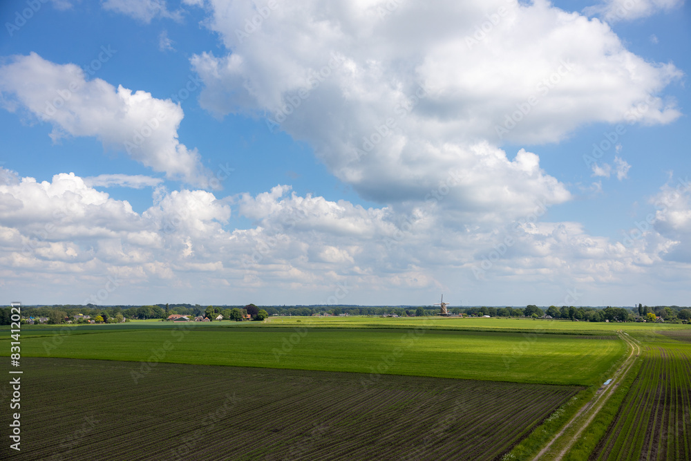 Rural view of Dutch landscape with horizon, green fields, Dutch mill ...