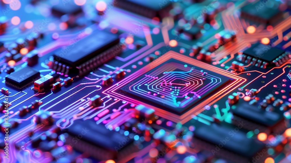 A close-up view of a modern microchip with tiny, precise circuit lines ...