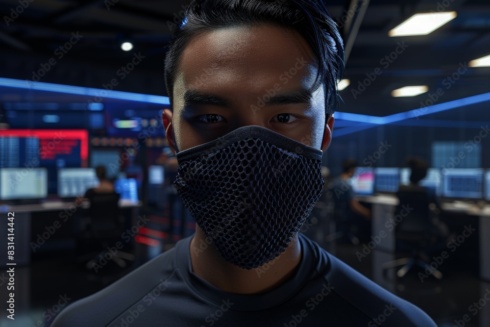 A close-up shot of a focused security guard wearing a stylish face mask ...