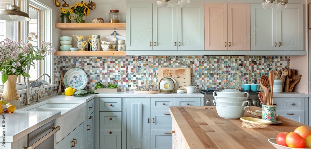 Bright coastal cottage kitchen with pastel cabinets, butcher-block ...
