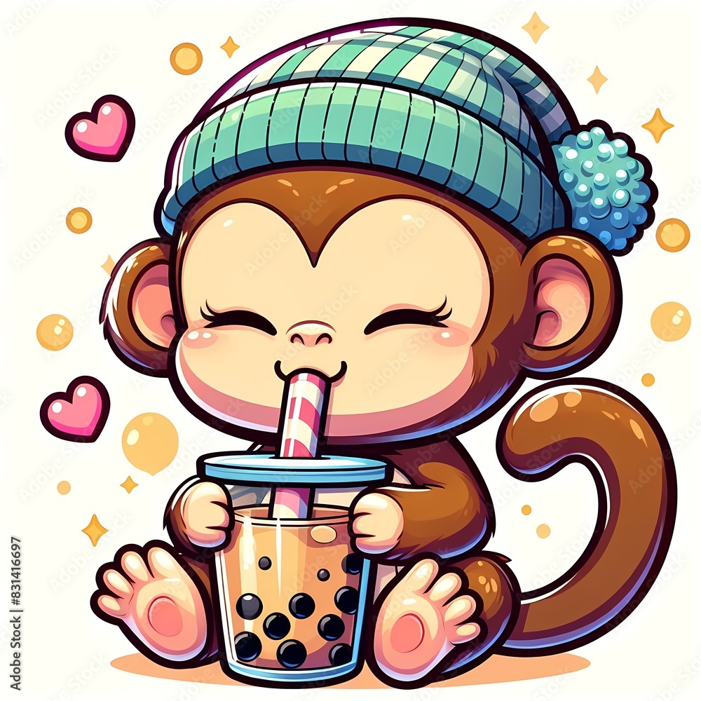 cute monkey drinking boba milk tea cartoon vector icon illustration ...