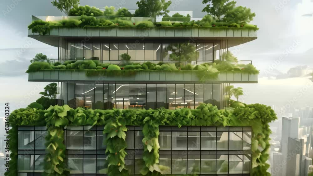 A tall office building covered in green plants growing on the exterior ...