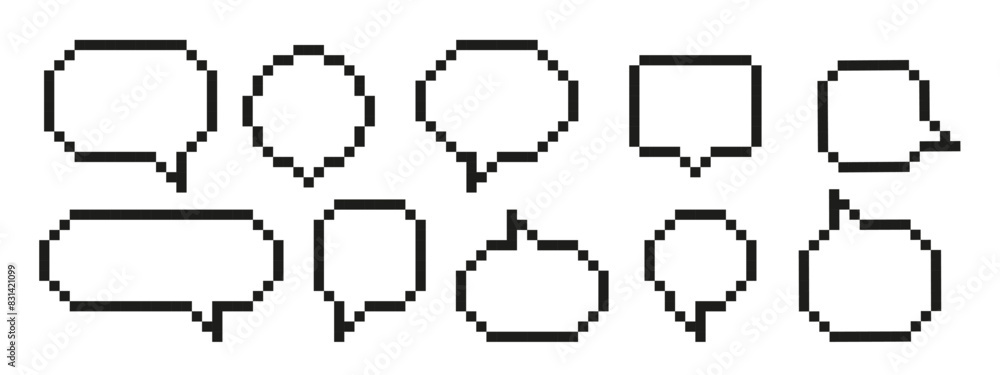 Pixel speech bubbles pack. Illustration in 8 bit pixel art style.Text ...