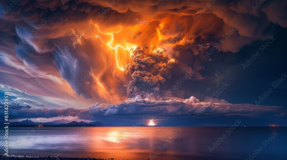 Dramatic image of a volcanic lightning storm illuminating the ash ...