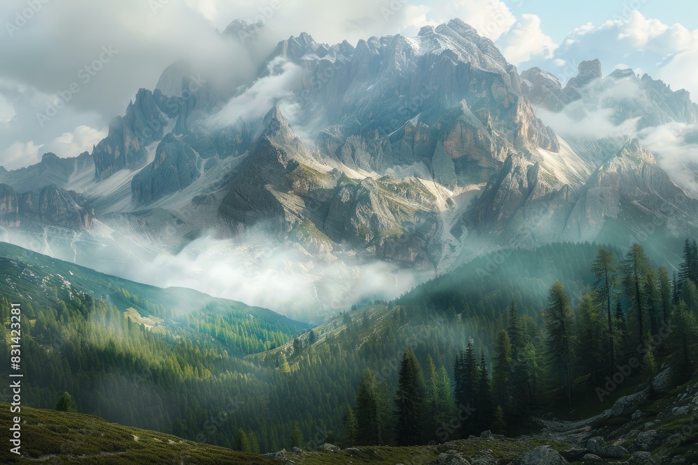 Breathtaking view of mountain range enveloped by swirling clouds and mist, showcasing nature's ...