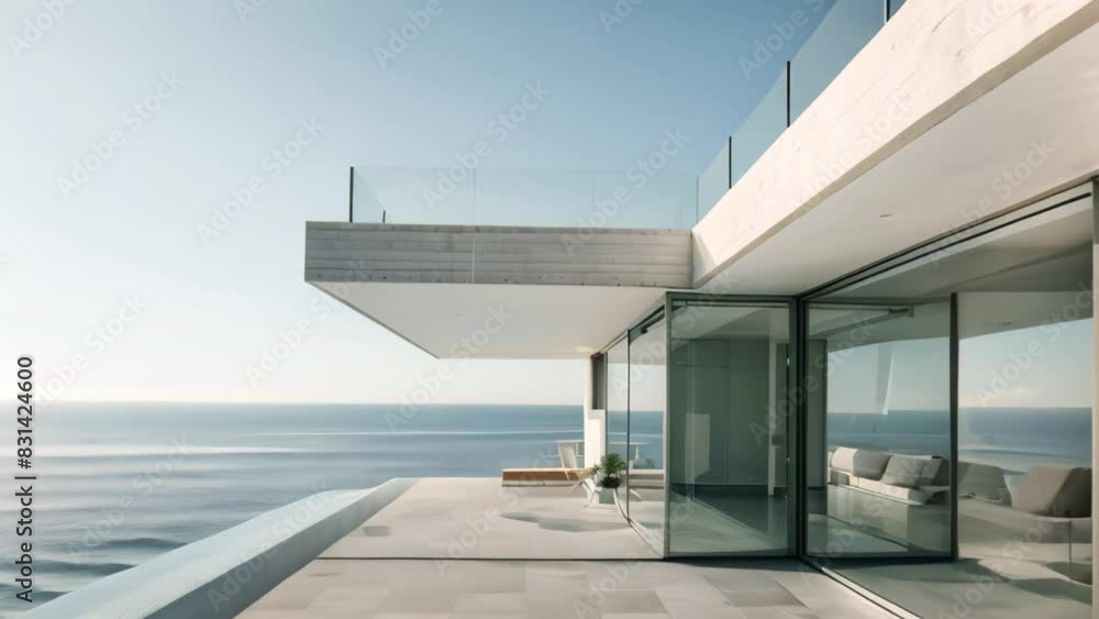 A balcony of a minimalist beach house with sliding glass doors offering ...